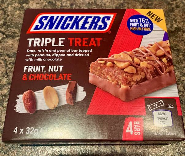 Snickers Triple Treat Fruit Nut & Chocolate Bars Multipack 4 X 32g ...